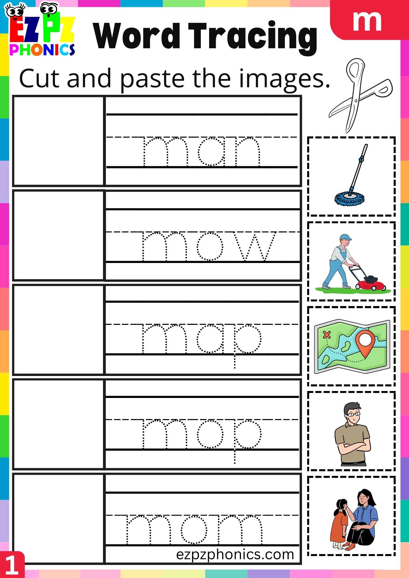 Letter M Word Tracing Beginning Sounds Worksheet - ezpzphonics.com